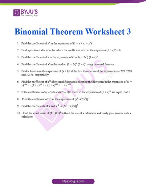 Binomial Theorem Worksheet 3 Pdf Pdf