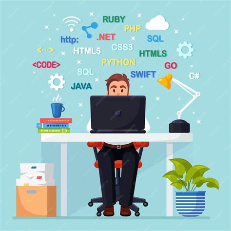 premium vector programming coding programmer sitting at desk and