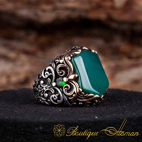 Celebi Collection Green Aqeeq Silver Ring Boutique Ottoman Exclusive