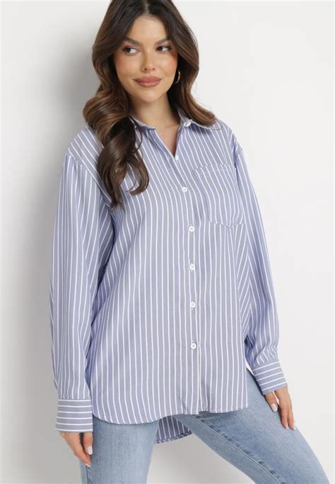 Niebieska Koszula Z Wzorem W Cienkie Paseczki Ulass Born2be