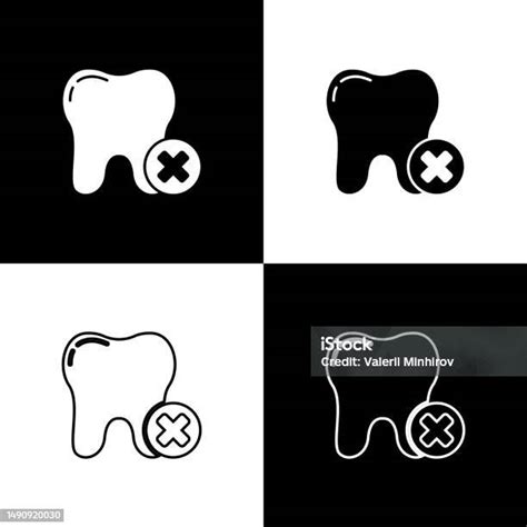 Set Tooth With Caries Icon Isolated On Black And White Background Tooth