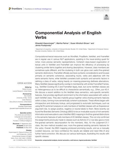 Pdf Componential Analysis Of English Verbs