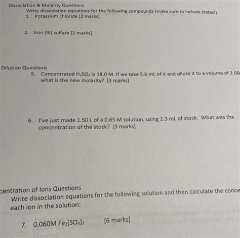 Solved Dissociation And Molarity Questions Write Dissociation