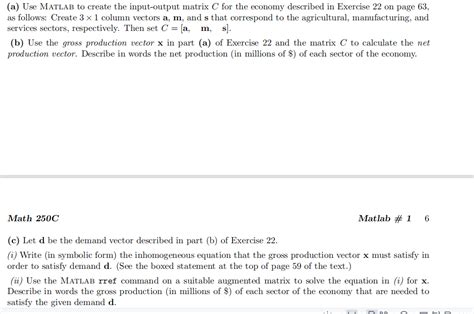 Solved A Use MATLAB To Create The Input Output Matrix C Chegg