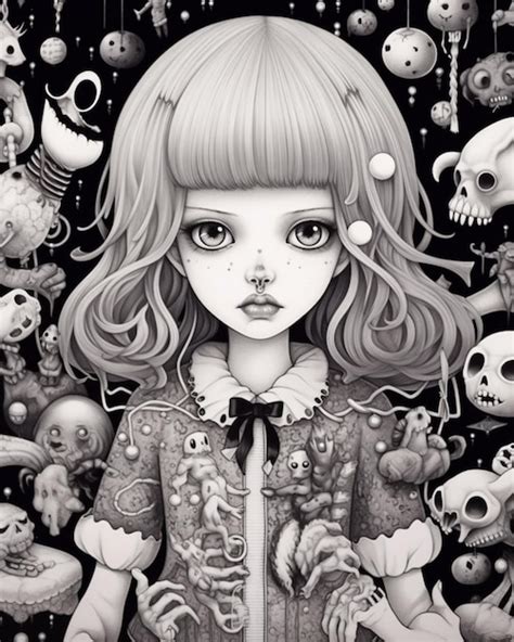 Premium Ai Image A Black And White Drawing Of A Girl Surrounded By