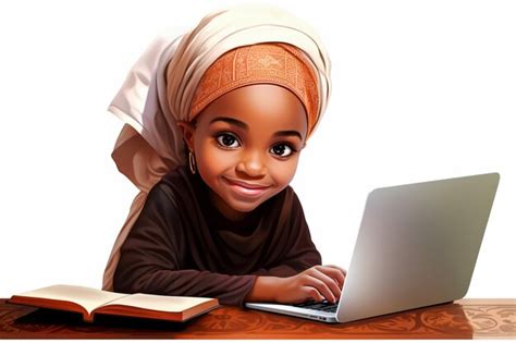 Premium Ai Image Illustration Of A Little African Muslim Girl Sitting On A Table Revising Her