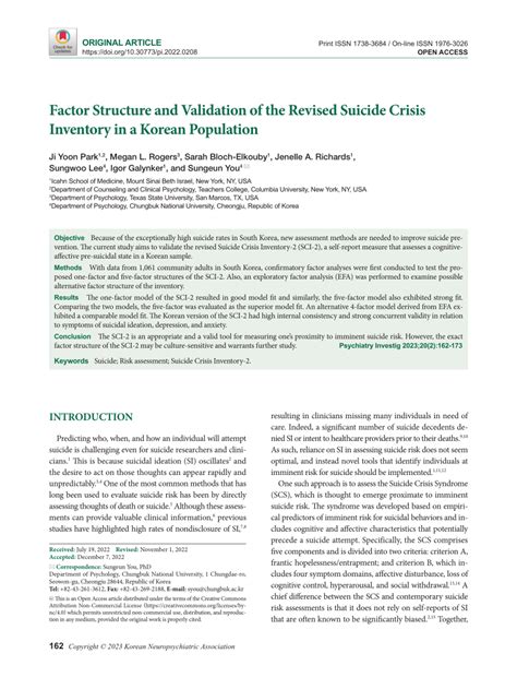 Pdf Factor Structure And Validation Of The Revised Suicide Crisis Inventory In A Korean Population
