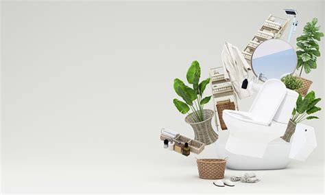 욕실 인테리어 디자인 아이디어 프로모션 및 할인 중 홈 장식 및 가구 판매 침대 화장실 욕조 선반 및 배너로 둘러싸여 있습니다 배경 3d 렌더링 0명에 대한 스톡 사진 및