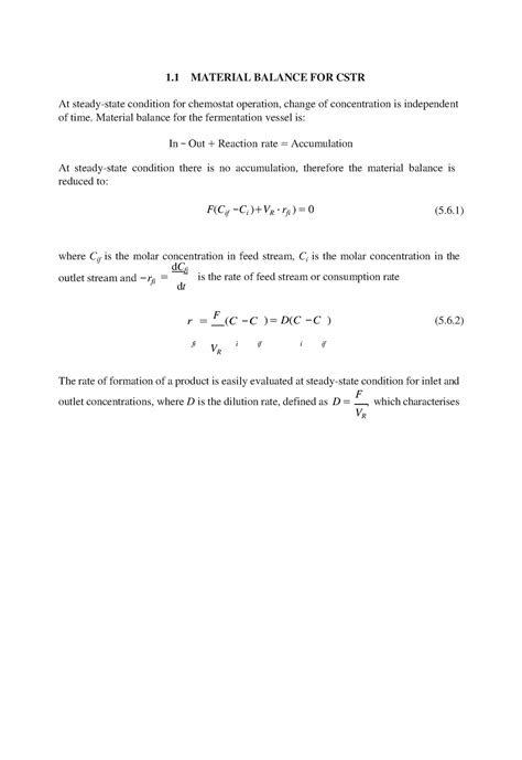 Material Balance For Cstr V 1 Material Balance For Cstr At Steady