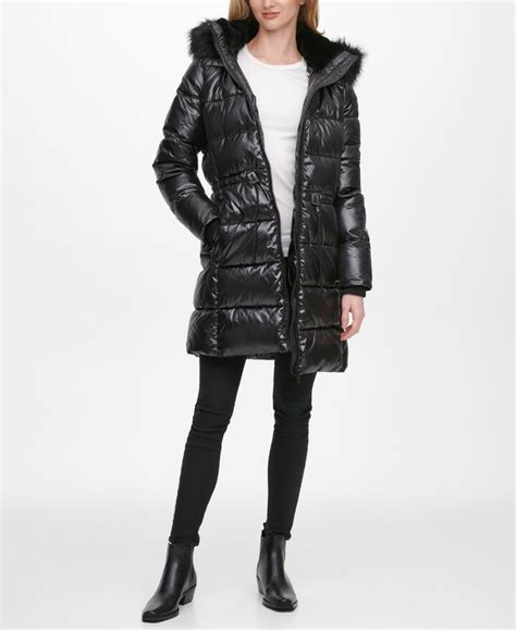 Dkny High Shine Faux Fur Trim Hooded Puffer Coat Created For Macys