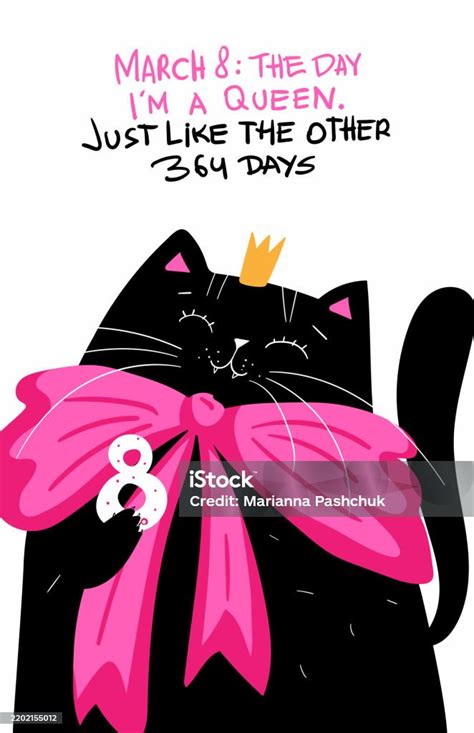 재미 있고 카와이 냉소적 인 검은 고양이 숫자 8 국제 여성의 날 귀여운 그림 3월 8일 내가 여왕이 된 날 다른 364일과 마찬가지로 텍스트 8에 대한 스톡 벡터 아트 및
