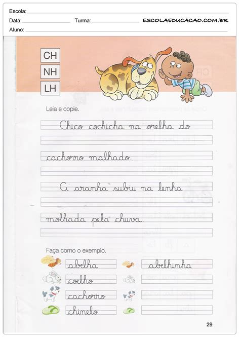 Caderno de Caligrafia CH NH e LH Escola Educação