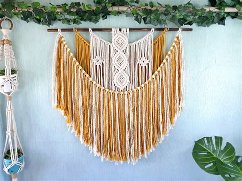Small Mustard Colored Macrame Wall Hanging With Wavy Fringe Yellow