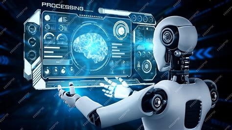 Ai 뇌의 개념을 보여주는 가상 홀로그램 화면을 들고 있는 Ai 호미노이드 로봇 프리미엄 사진