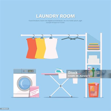 세탁기 가정용 화학와 깨끗 한 리넨 옷장 세탁실 평면 스타일에서 개념 세탁 인테리어입니다 가사 집안일에 대한 스톡 벡터 아트 및 기타 이미지 Istock