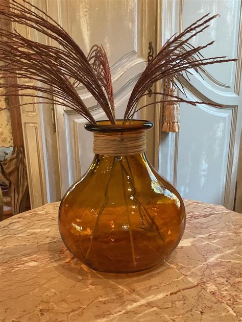 Large Amber Recycled Glass Table Vase With Large Belly And Cording On Neck 10 Etsy