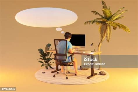 고립된 열대 섬 환경에서 Pc 사무실 작업장에 앉아 있는 남자 무한 배경 작업량 스트레스 소진 개념 3d 일러스트레이션 0명에 대한 스톡 사진 및 기타 이미지 Istock