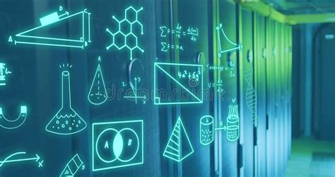 Image Of Mathematical Equation And Diagrams Over Data Server Room Stock