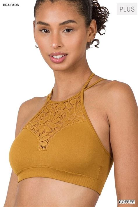 Plus High Neck Lace Cutout Bralette With Bra Pads