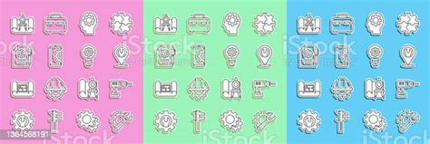 세트 라인 렌치 스패너와 기어 전기 드릴 머신 렌치가있는 위치 내부의 인간 헤드 스마트 폰 설정 문서 설정 펜 그래프 용지 나침반 및 전구 아이콘 벡터 Brand Name