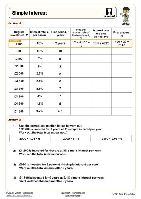 Simple Interest Worksheet Fun And Engaging Year 8 And Year 9 Number