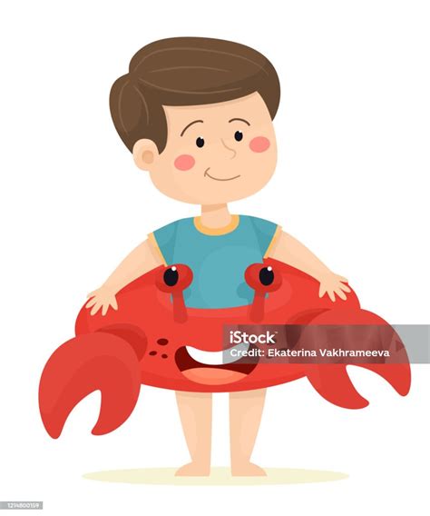 팽창식 원 게를 가진 쾌활한 소년 벡터는 만화 플랫 스타일 흰색 배경에서 분리 게에 대한 스톡 벡터 아트 및 기타 이미지 게 공기 주입 공룡 Istock