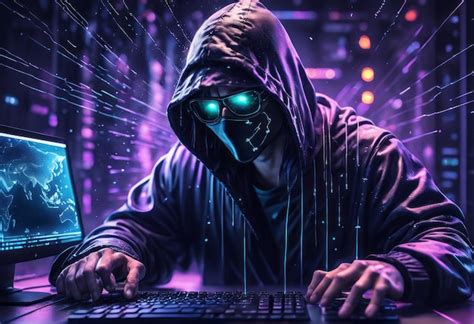 Premium AI Image Hacker Using Laptop Computer With Data Code Cyber