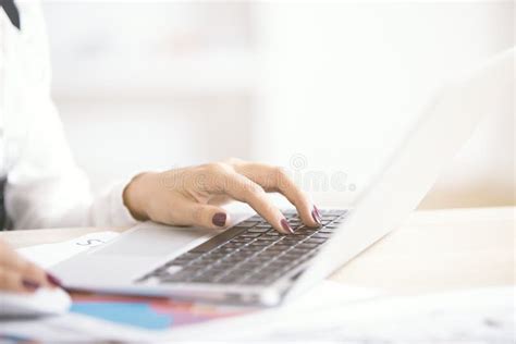 Female Using Laptop Side Stock Image Image Of Paperwork