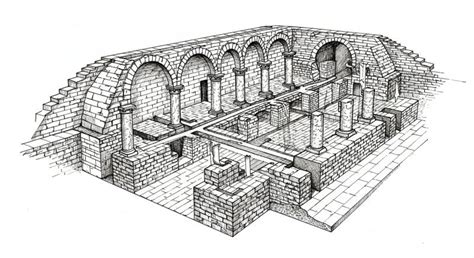 Line Drawing Of An Ancient Roman Bathhouse Structure Featuring Brick