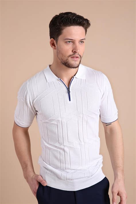 Ferraro Beyaz Polo Yaka Fermuarlı Erkek Pamuk Triko T Shirt Erkek Giyim modaferraro tr