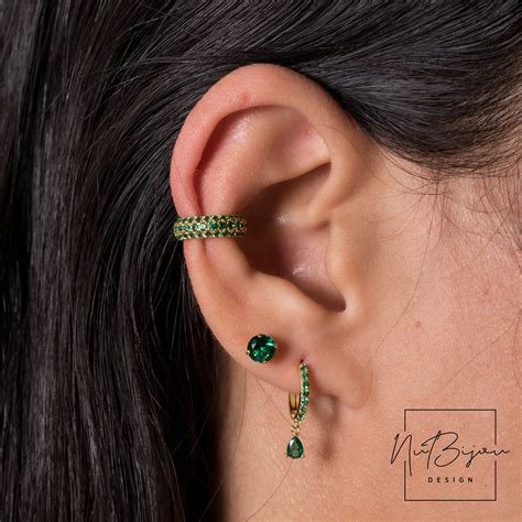 Green Stone Ear Cuff Emerald Huggie Ear Cuff Sterling Silver Ear Wrap