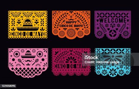 벡터 파펠 피카도 카드 세트입니다 파티를위한 멕시코 종이 장식 종이 화환의 구성을 잘라냅니다 5월 5일 멕시코 휴일 신코 데 마요 멕시코에 대한 스톡 벡터 아트 및 기타