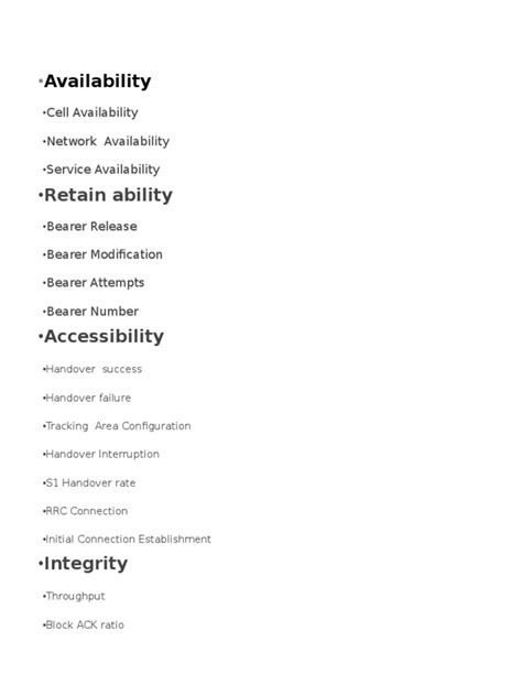 Key Performance Indicators For Lte Network Accessibility Retainability Integrity And Mobility