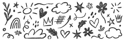 아이 크레용 분필 손으로 그린 검은 벡터 세트 크레용 연필 구름 꽃 화살표 요소 낙서 검은 브러시 손으로 그린 낙서 디자인 아이 분필 연필 스타일의 낙서 요소 벡터 0명에
