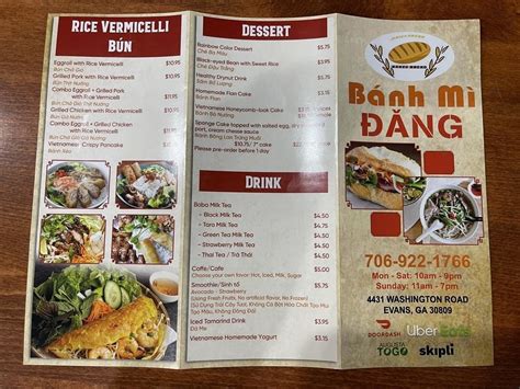 Banh Mi Dang Menu In Evans Georgia Usa