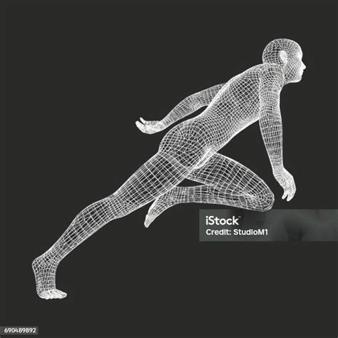 3d 실행 남자 인체 와이어 모델입니다 스포츠 기호입니다 모션에 로우 폴 리의 남자입니다 벡터입니다 3차원 형태에 대한 스톡
