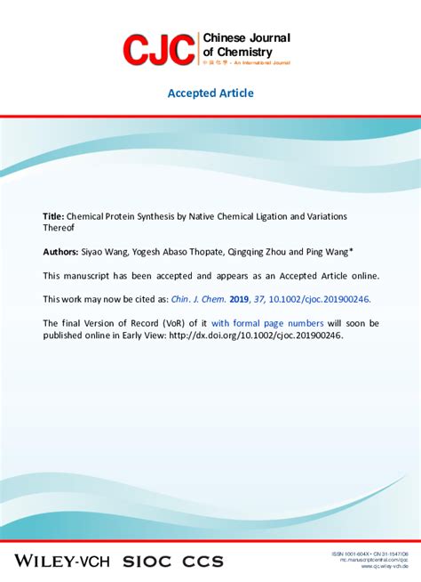 Pdf Chemical Protein Synthesis By Native Chemical Ligation And