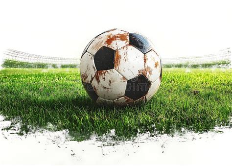 Worn Soccer Ball On Grassy Field With Goal In Background Graphic Style