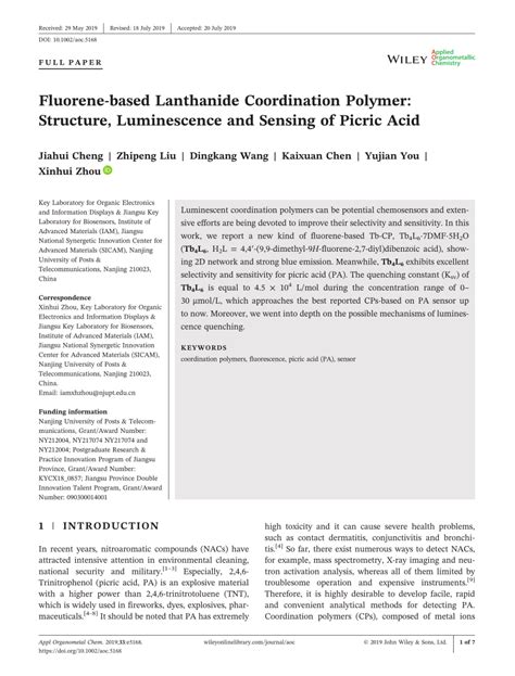 Fluorene‐based Lanthanide Coordination Polymer Structure Luminescence And Sensing Of Picric