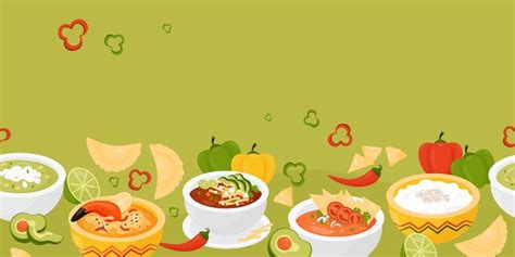 녹색 배경에 라틴 아메리카 전통 음식 멕시코 요리와 원활한 수평 경계 프리미엄 벡터