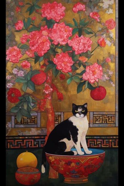 Una pintura de un gato sentado en una mesa con un jarrón de flores