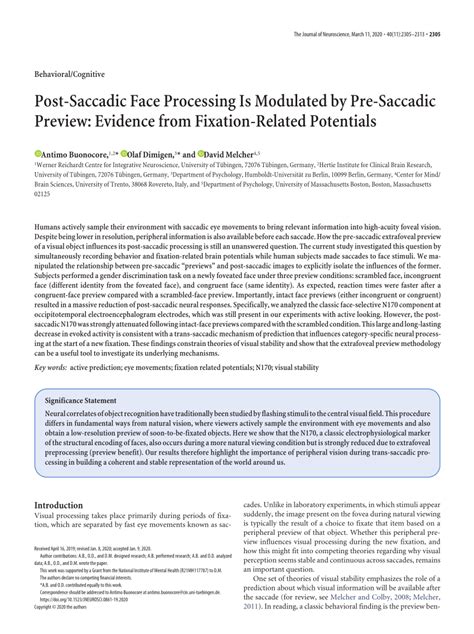 Pdf Post Saccadic Face Processing Is Modulated By Pre Saccadic Preview Evidence From Fixation