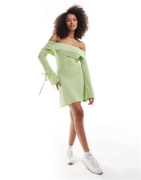 Asos Ribbed Bardot Long Sleeve Mini Dress With Tie Sleeves In Green Lyst