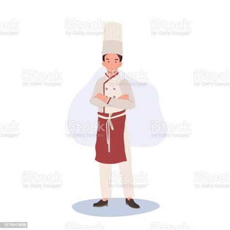 전체 길이의 요리사 그림입니다 자신감 넘치는 남성 요리사 삽화는 주방 유니폼을 입고 팔짱을 끼고 서 있다 플랫 벡터 만화 그림