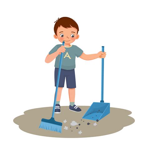Lindo Niño Barriendo El Piso Con Escoba Y Cuchara En La Sala De Estar Haciendo Tareas Domésticas