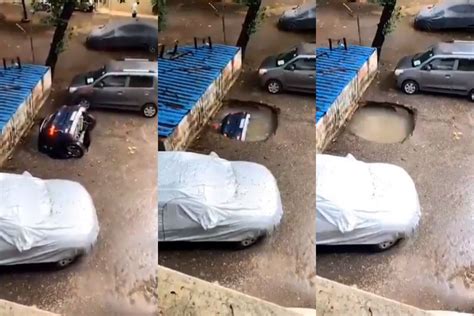 Viral Video Car Swallowed Entirely By Huge Sinkhole In Mumbai