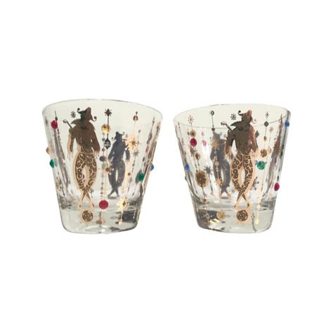 Culver Mid Century Mardi Gras Jester With Jewels Old Fashion Glasses