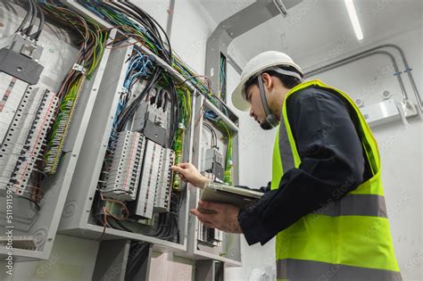Electrical Engineer Team Working Front Control Panel An Electrical Engineer Is Installing And
