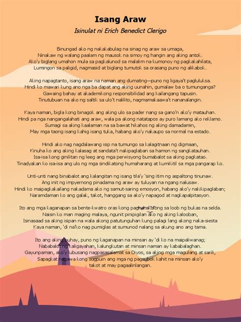 Isang Araw Tula Ni Erich Benedict B Clerigo Ng Grade 11 Stem 7 Pdf