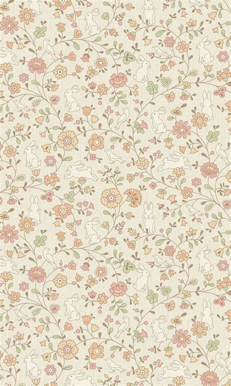 Beige Stylish Flowers With Bunny And Birds Floral Wallpaper R7785 Nel